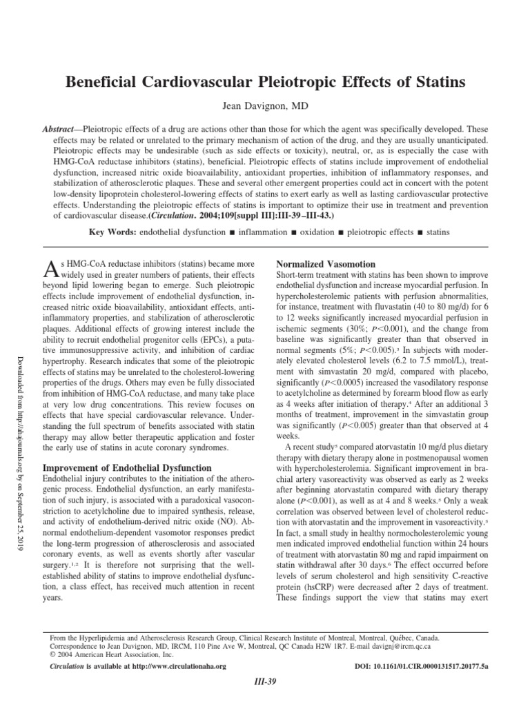 Pleiotropic Effects of Statins | PDF | Statin | C Reactive Protein