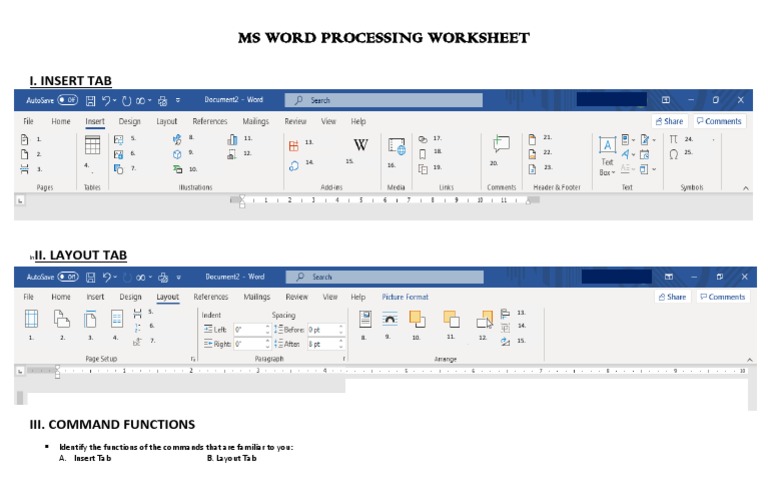 Ms Word Processing Worksheet: I. Insert Tab | PDF