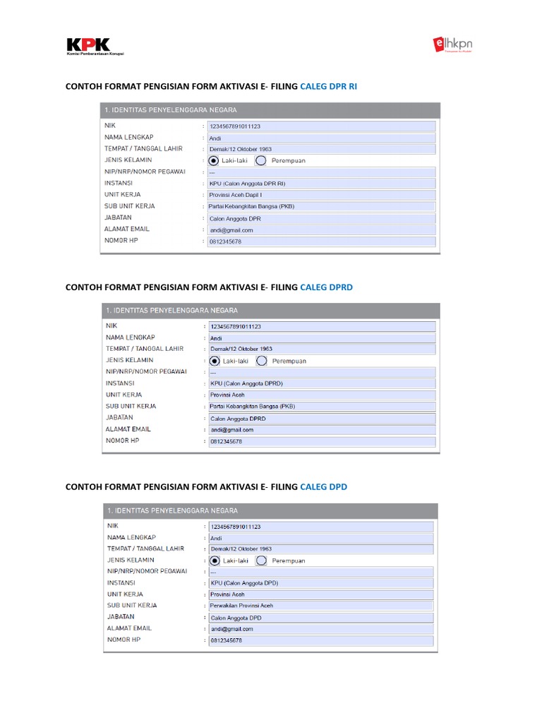 Contoh Format Pengisian Form Aktivasi E-Filing CALEG 2019 | PDF