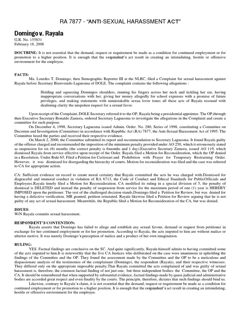 Domingo v. Rayala: RA 7877 - "Anti-Sexual Harassment Act" | PDF ...