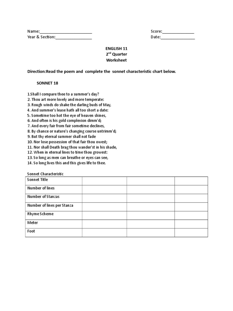 English 11 2 Quarter Worksheet Direction:Read The Poem and Complete The Sonnet Characteristic ...