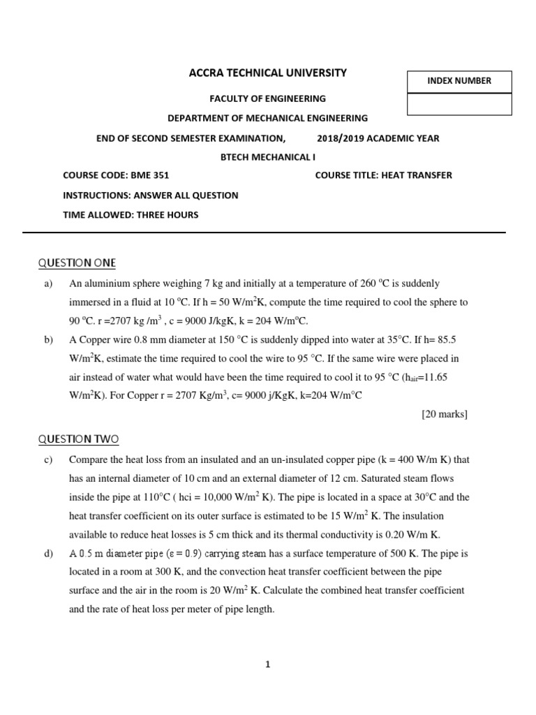 Heat Transfer Exam Questions BME 351 | PDF | Heat Transfer | Physical ...