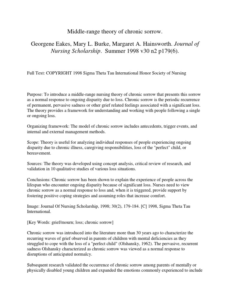 Middle Range Theory of Chronic Sorrow PDF | PDF | Grief | Coping ...