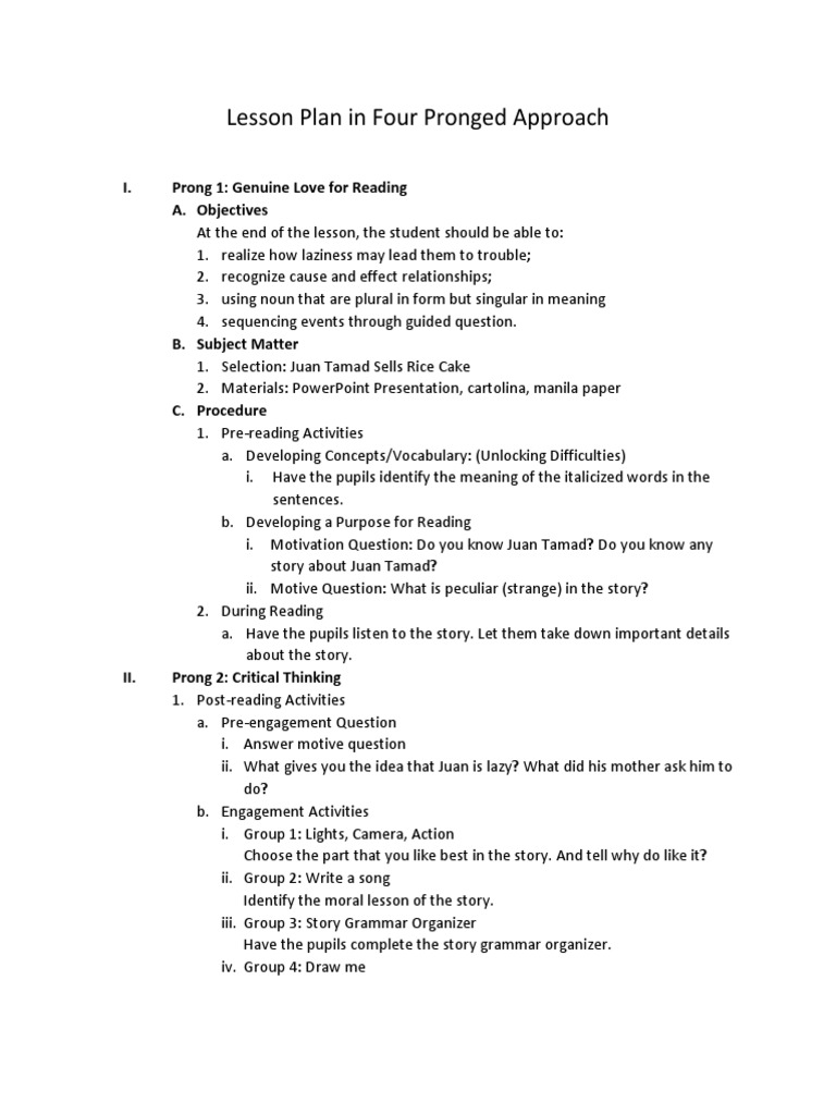 Lesson Plan in Four Pronged Approach | PDF | Question | Lesson Plan