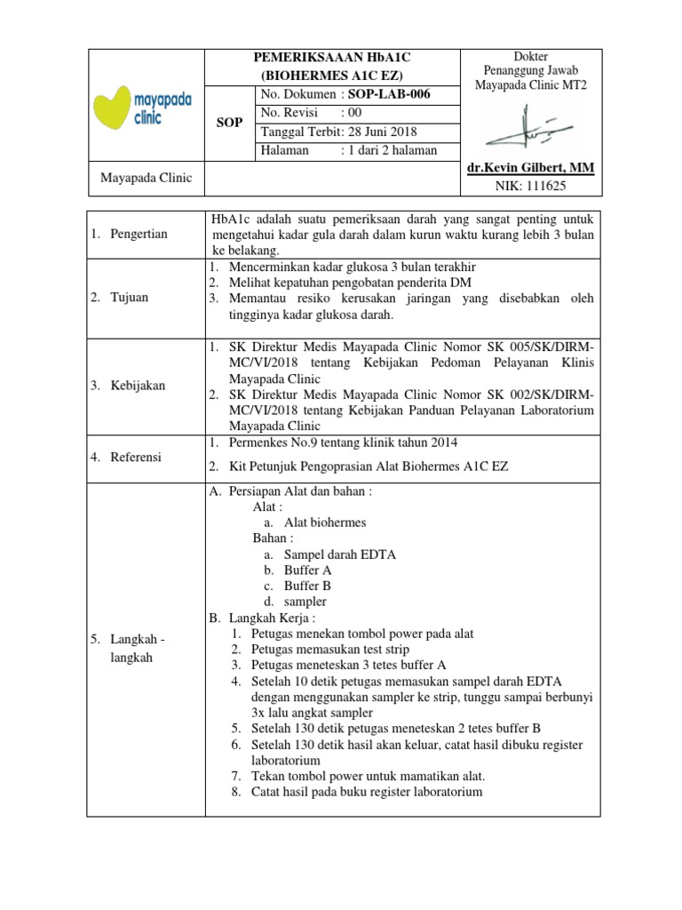 SOP LAB 006 Pemeriksaan HbA1C | PDF