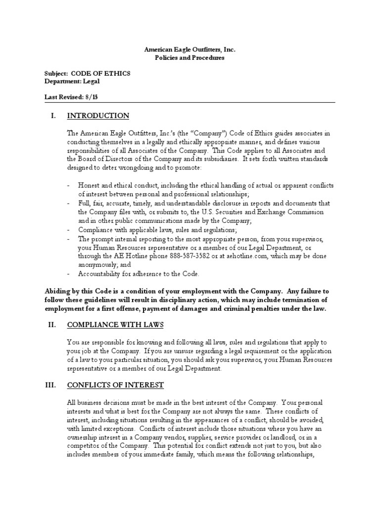 American Eagle Code of Ethics | PDF | Internal Control | Regulatory ...