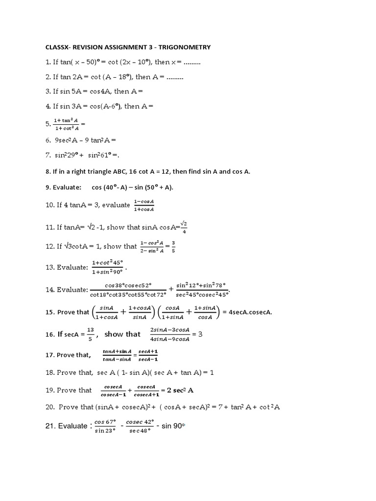 Trigonometry Revision Assignment | PDF | Teaching Methods & Materials