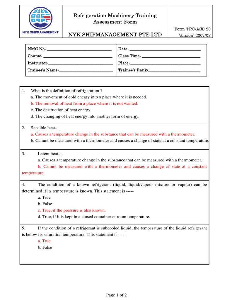 Refrigeration Training Assessment Form | PDF | Continuum Mechanics ...