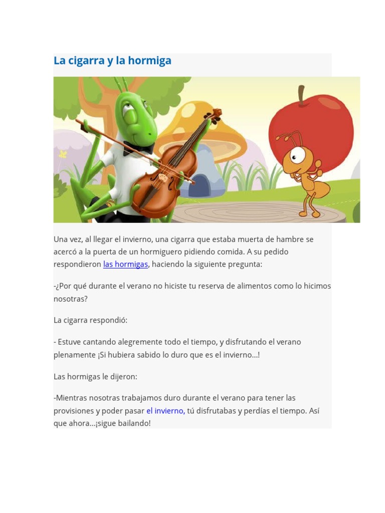 La Cigarra y La Hormiga Fábula Primero | PDF