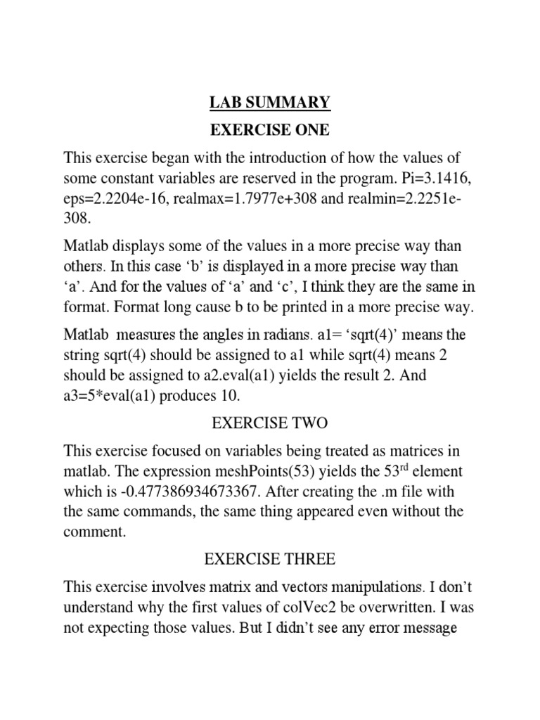 Lab Summary Exercise One | PDF | Control Flow | Matlab