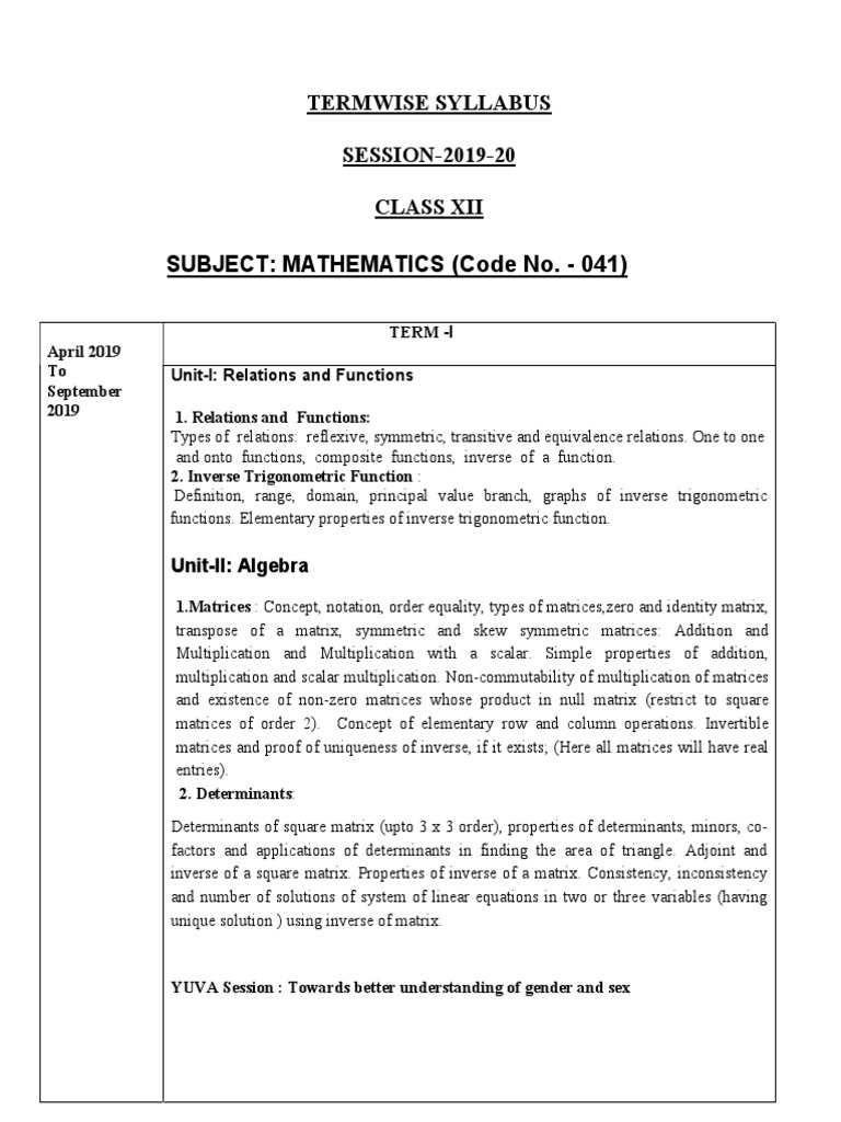 Termwise Syllabus SESSION-2019-20 Class Xii Subject: Mathematics (Code No. - 041) | PDF | Matrix ...