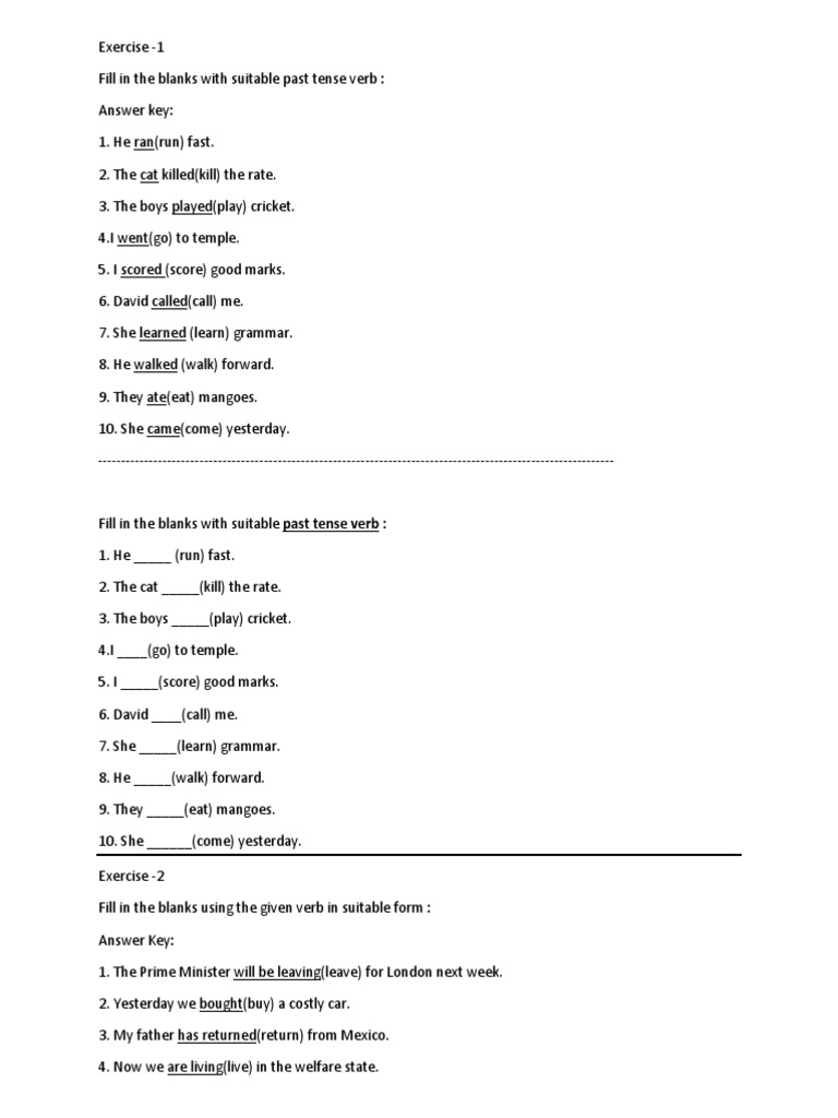 Forms of the Verb Exercise With Answer Key