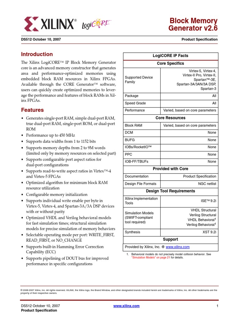 Block Memory Generator v2.6: DS512 October 10, 2007 Product Specification | PDF | Random Access ...