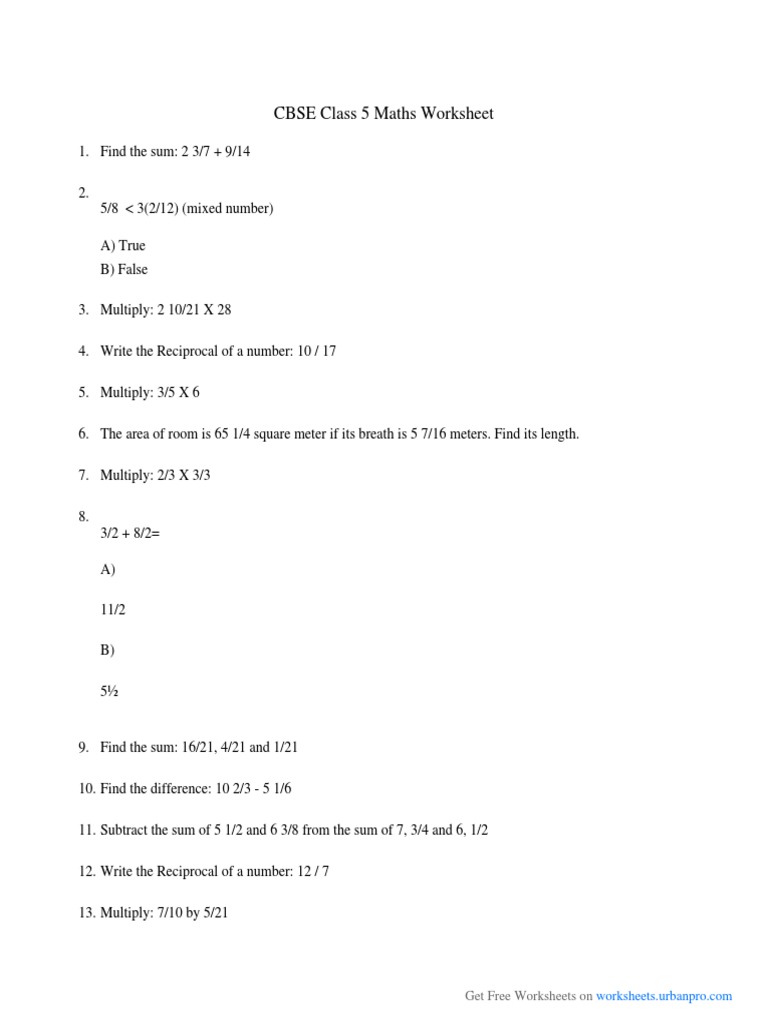 CBSE Class 5 Maths Worksheet | PDF