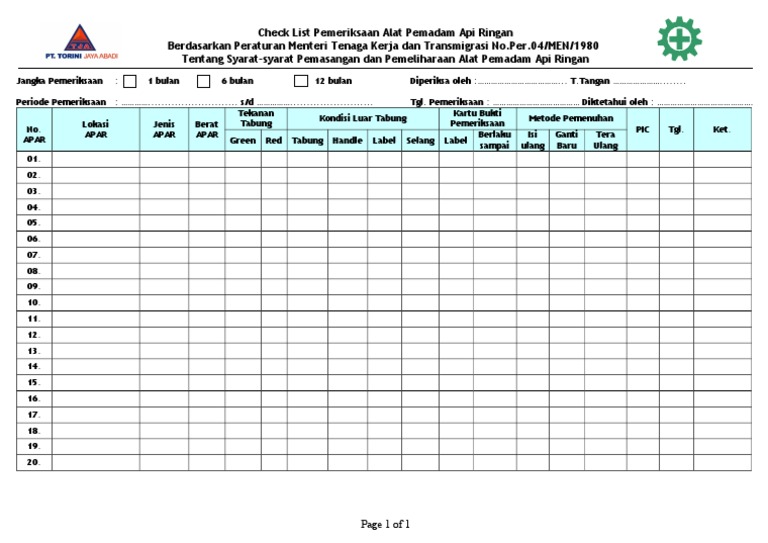 Check List Pemeriksaan Alat Pemadam API Ringan1 1 | PDF