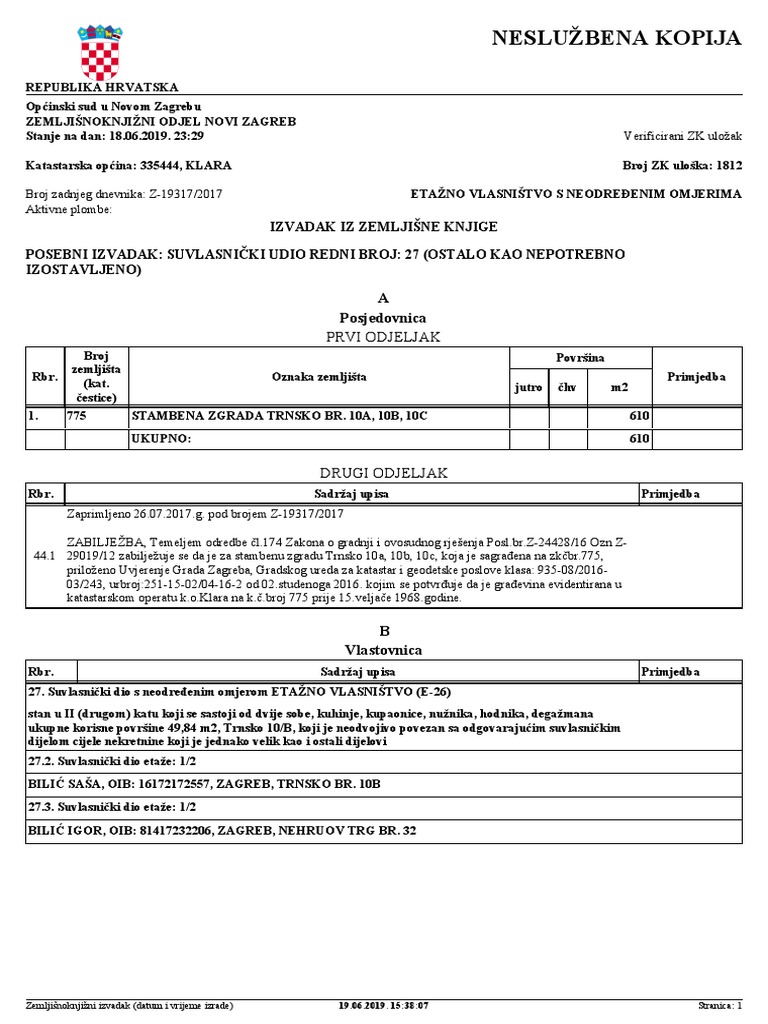 Posjedovni List Trnsko | PDF