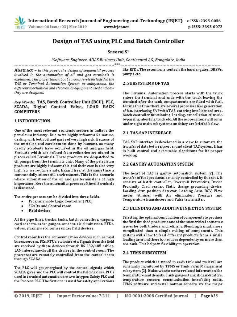 Design of TAS Using PLC and Batch Controller: Sreeraj S | PDF ...