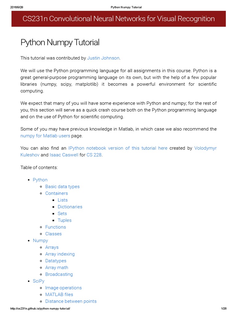 Python Numpy Tutorial | PDF | Matrix (Mathematics) | Python (Programming Language)