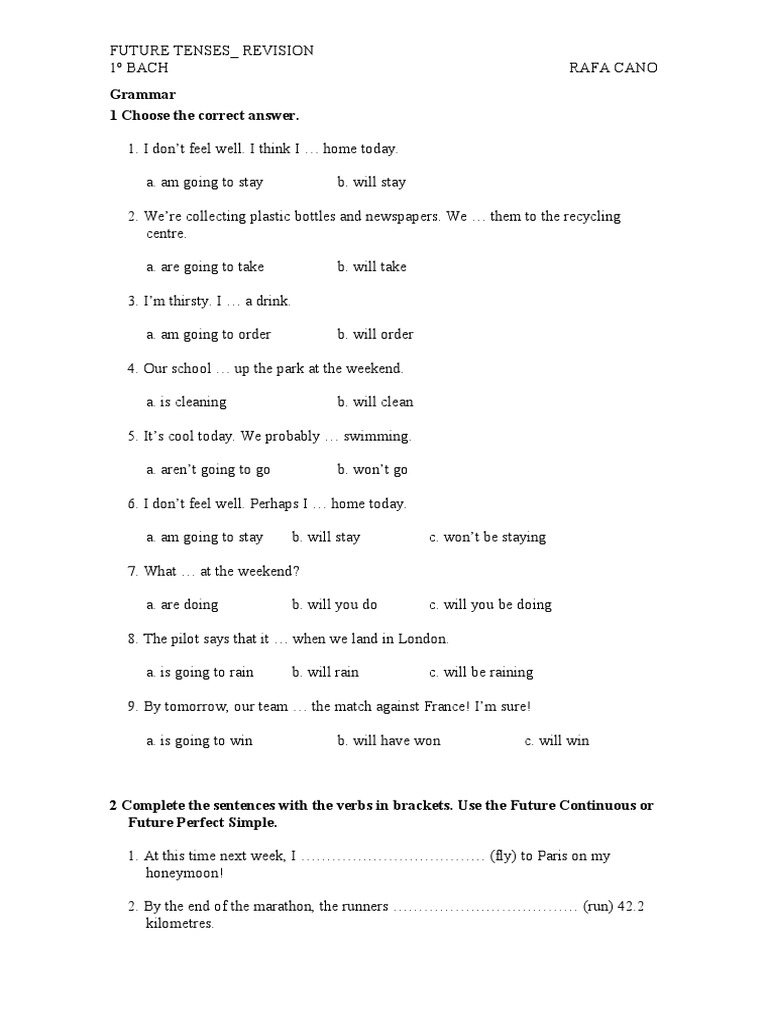 Future Tenses - Activities For 1º Bach PDF | PDF | Syntax | Language Mechanics