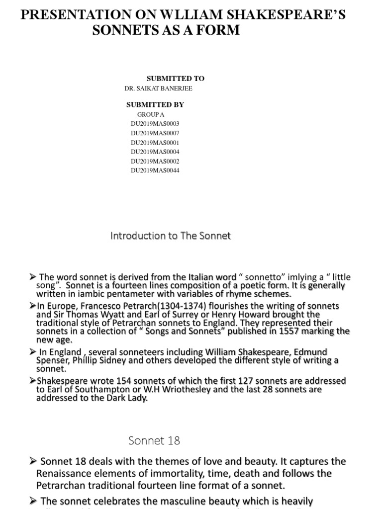 Submitted To: Dr. Saikat Banerjee | PDF | Sonnets | Shakespeare's Sonnets