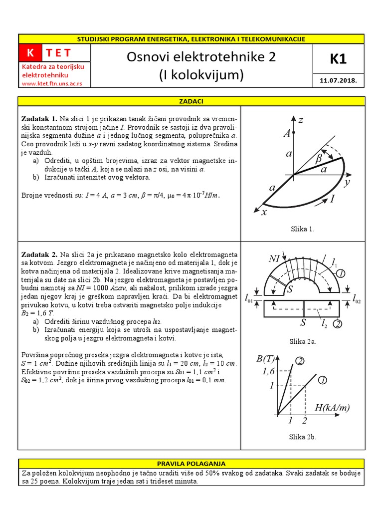 Osnovi Elektrotehnike 2 (I Kolokvijum) : Katedra Za Teorijsku Elektrotehniku | PDF
