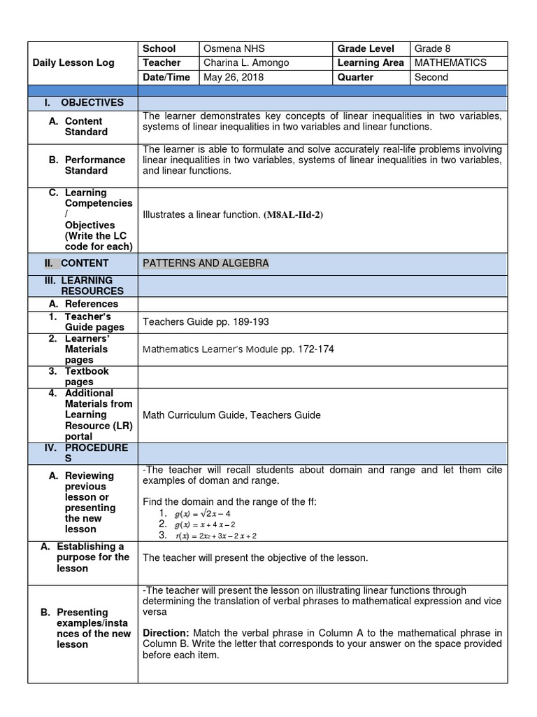DLL Math 8 Q2 Patterns of Algebra | PDF | Function (Mathematics) | Slope