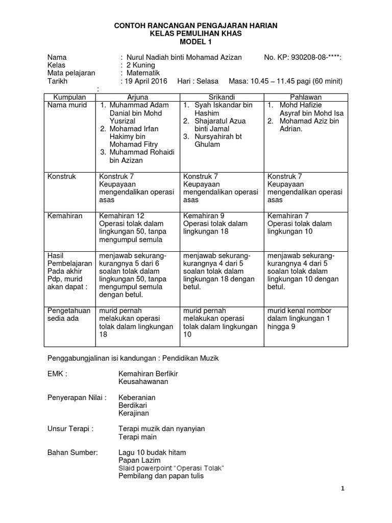 Contoh RPH Matematik P.pemulihan Khas Model 1 | PDF