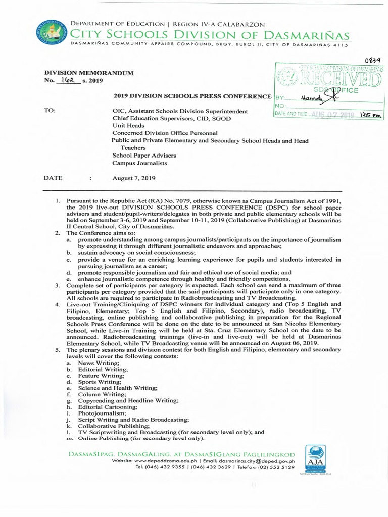 0839 Division Memorandum No. 162 S. 2019 | PDF | News | Editing