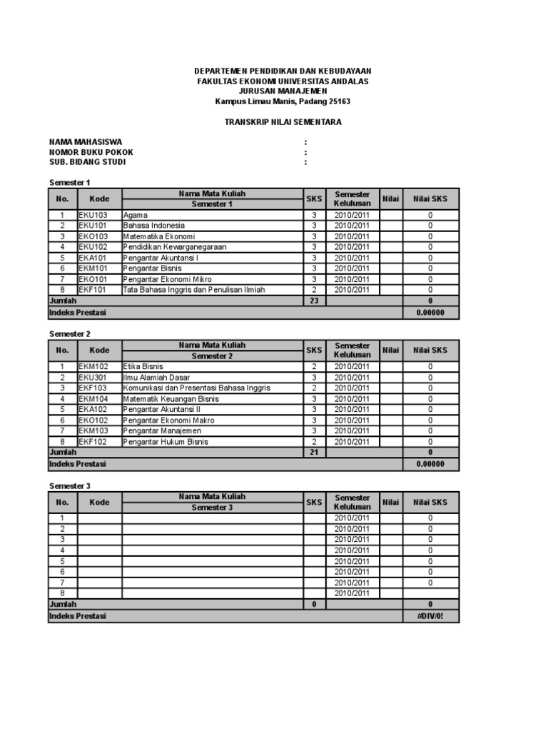 Format Transkrip Nilai | PDF