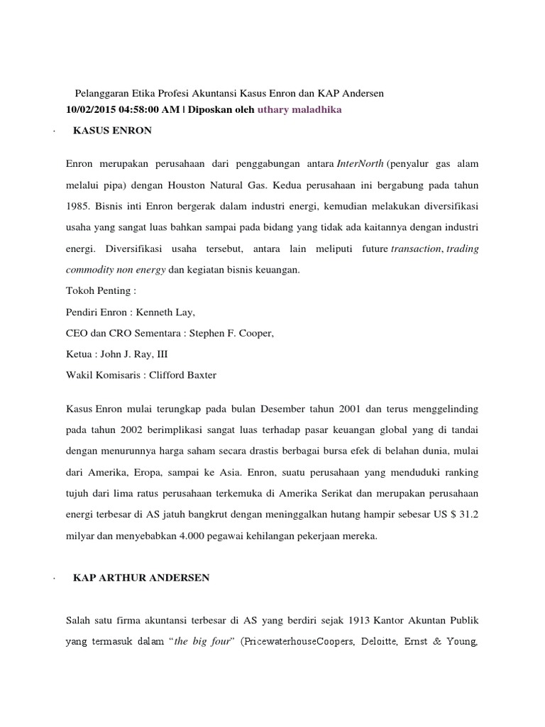 Pelanggaran Etika Profesi Akuntansi Kasus Enron Dan Kap Andersen Pdf