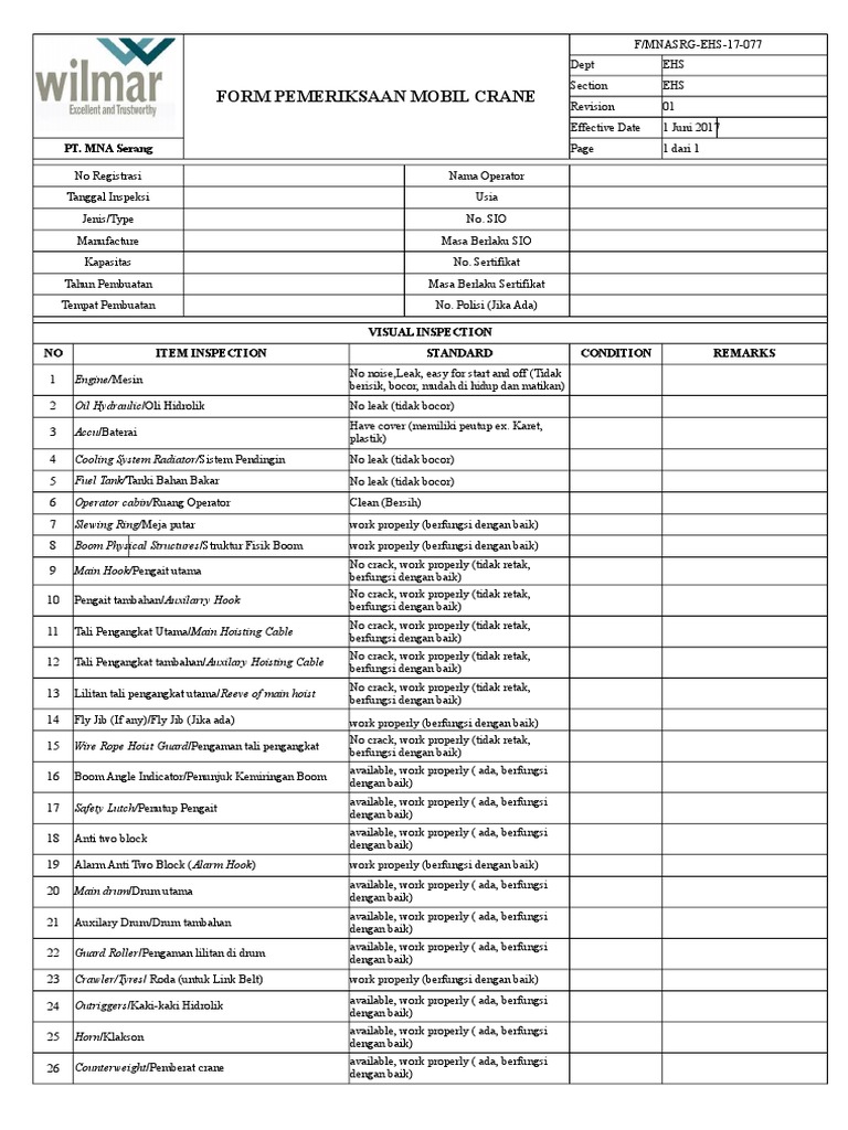 F-MNASRG-EHS-17-077 - Form Pemeriksaan Mobile Crane Rev.01 | PDF