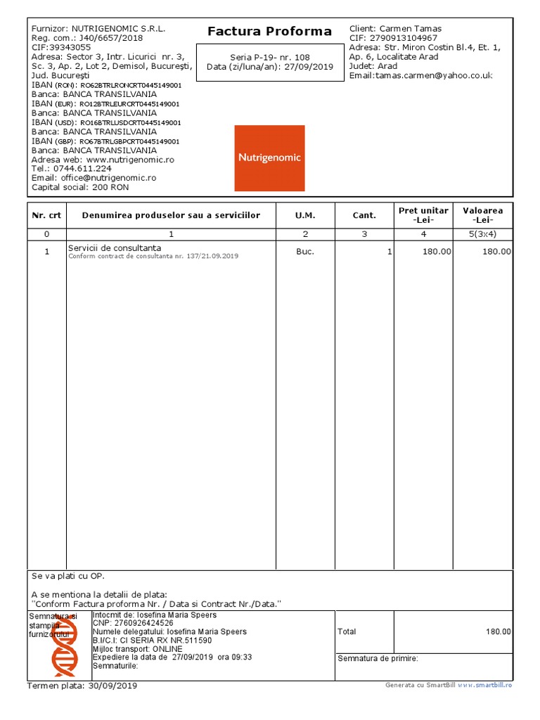Factura Proforma: Nr. CRT Denumirea Produselor Sau A Serviciilor U.M ...