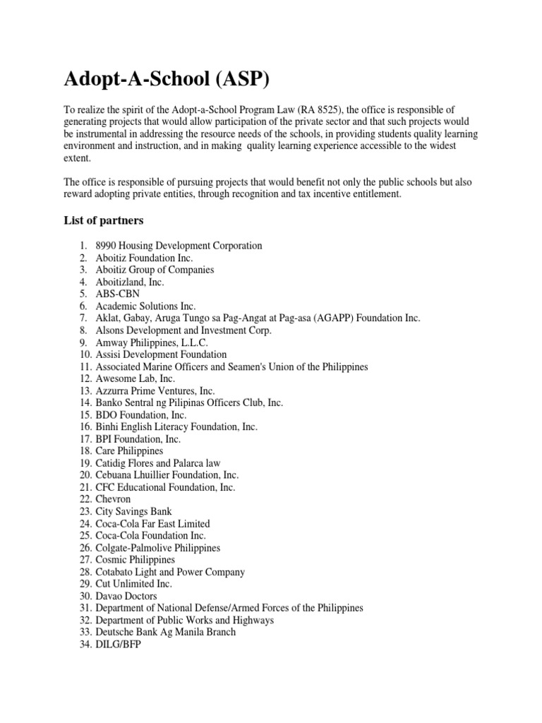 Adopt-A-School Program Overview | PDF | Economies | Energy And Resource