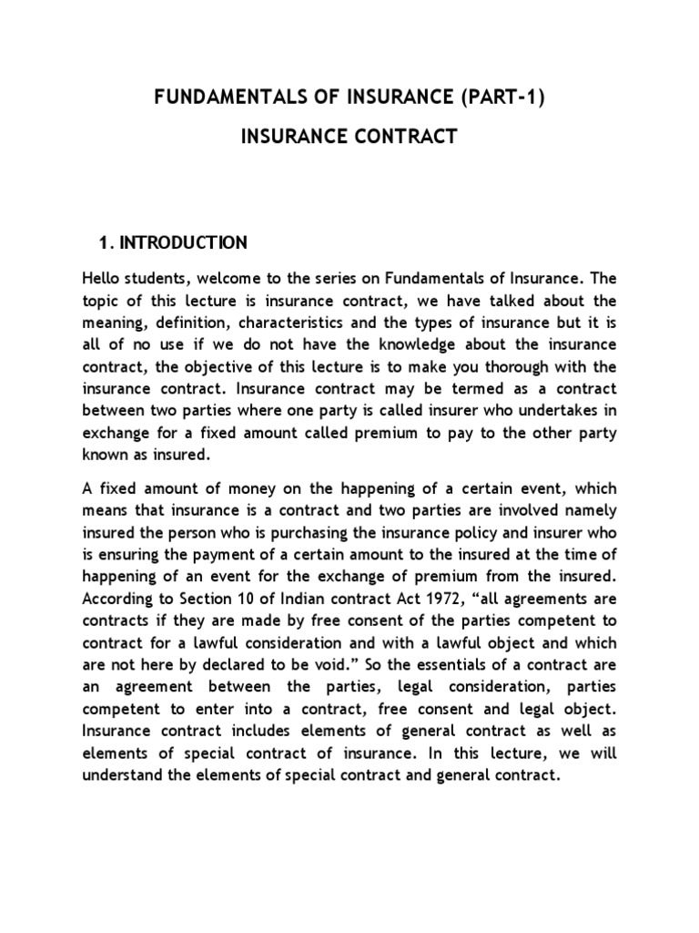 Fundamentals of Insurance (Part-1) Insurance Contract | PDF | Insurance ...