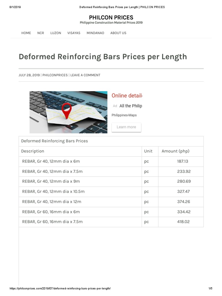 Deformed Reinforcing Bars Prices Per Length - PHILCON PRICES | PDF ...