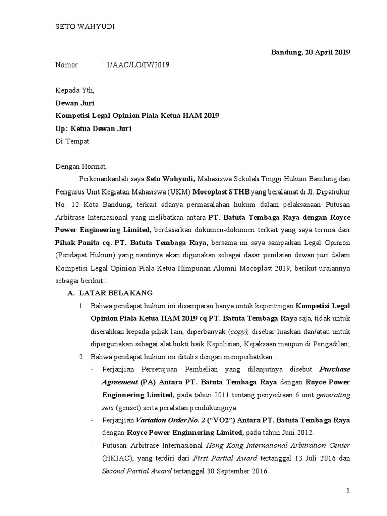 Contoh Legal Opinion | PDF | Pengelolaan Keuangan & Uang | Hukum