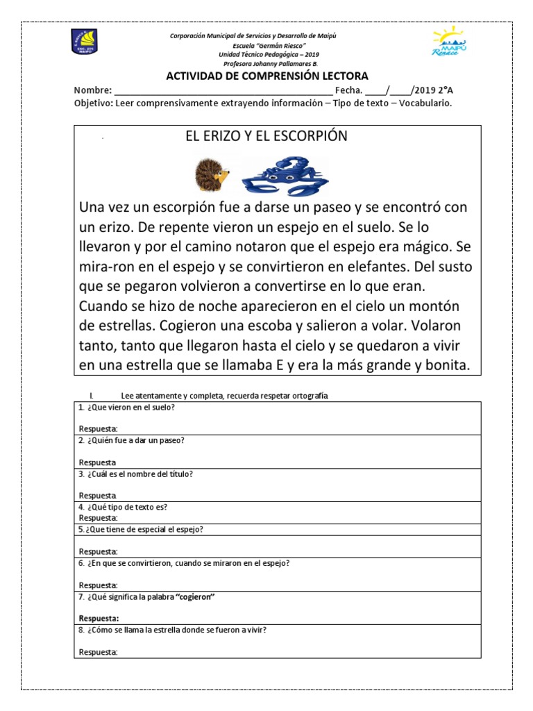 Comprensión Lectora: El Erizo y el Escorpión | PDF | Artes del Lenguaje ...