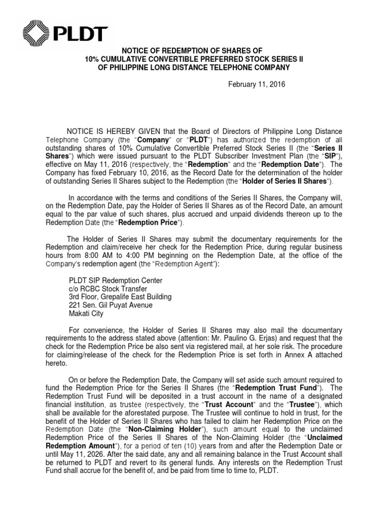 PLDT Stock Redemption of Shares | PDF | Identity Document | Stocks