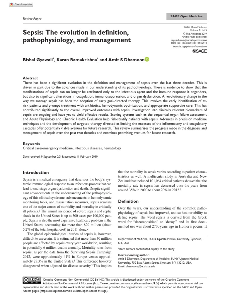 Sepsis. the Evolution in Definition, Pathophysiology, And Management(1 ...