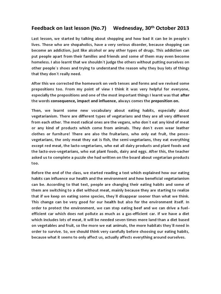 30 - 11A1 - Feedback On Last Lesson | PDF | Meat | Diet (Nutrition)