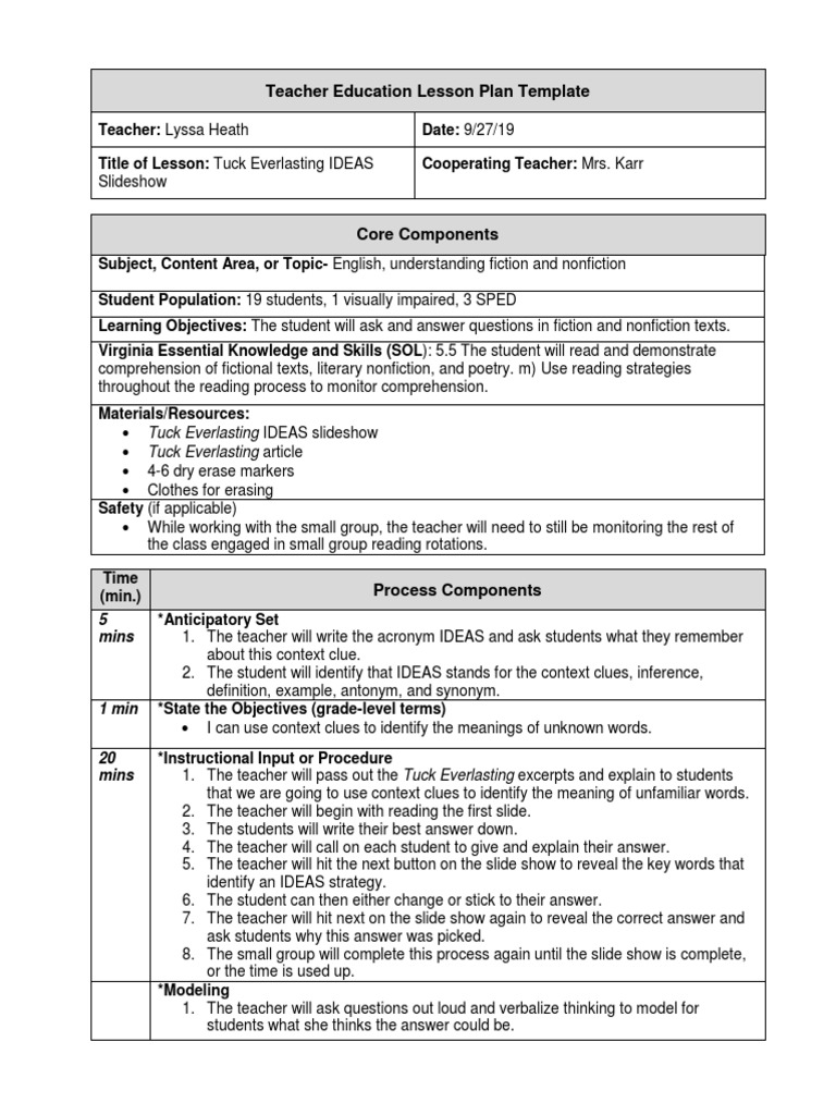 Teacher Education Lesson Plan Template: 5 Mins | PDF | Reading ...
