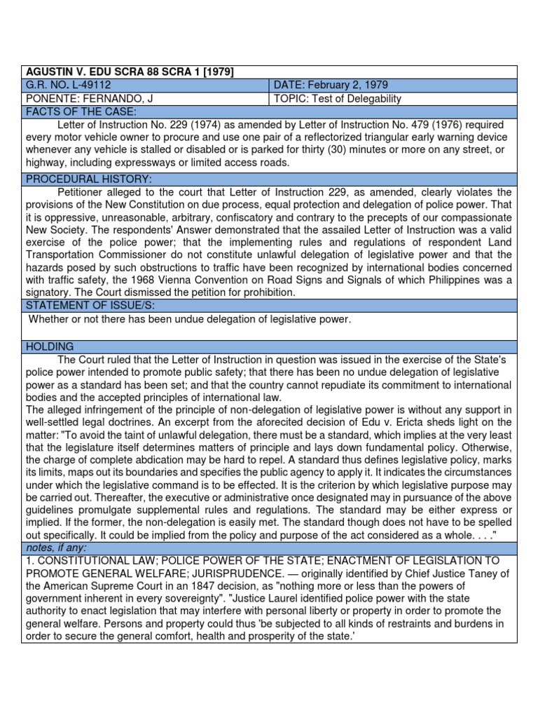 Agustin V. Edu Scra 88 Scra 1 (1979) : Notes, If Any | PDF | Police ...