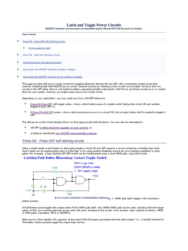 Latch and Toggle Power Circuits | PDF | Mosfet | Field Effect Transistor