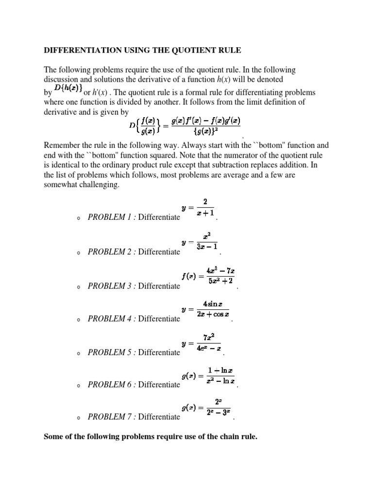 Differentiation Using The Quotient Rule: PROBLEM 1: Differentiate | PDF