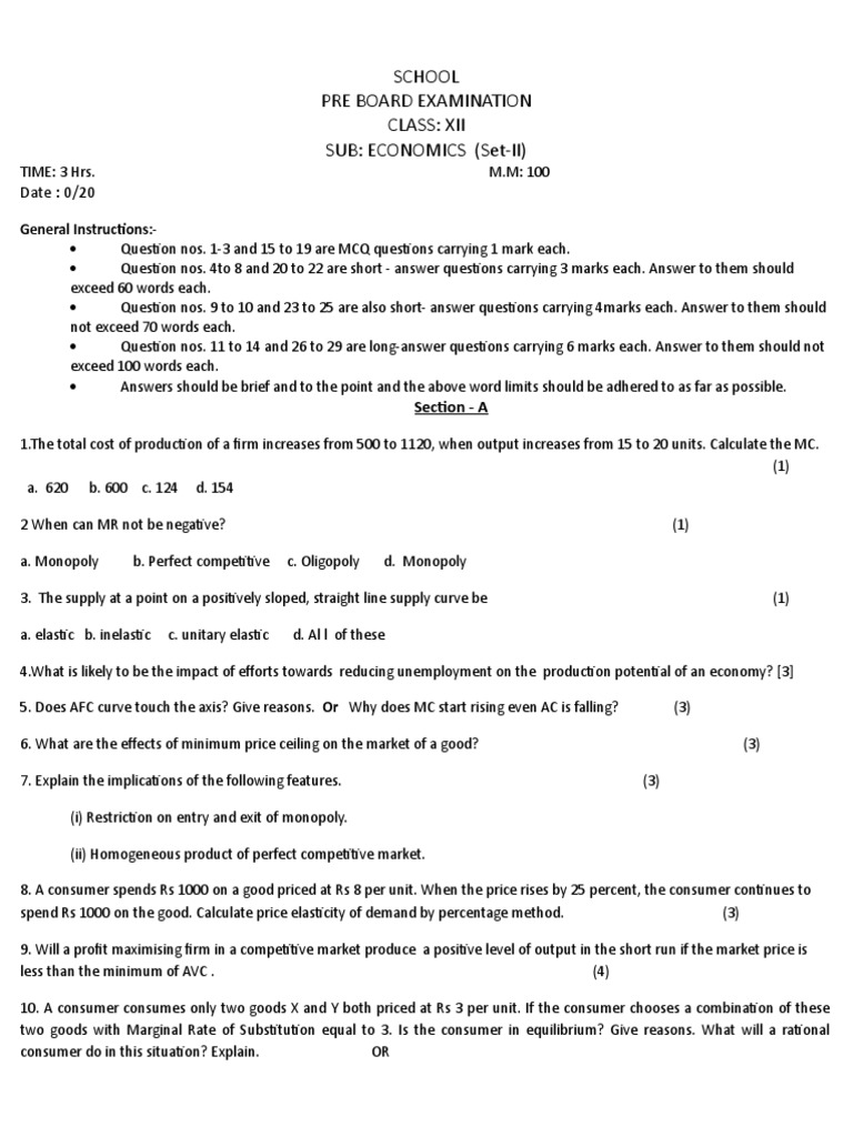 Pre Board Eco Class 12 | PDF | Perfect Competition | Economic Equilibrium