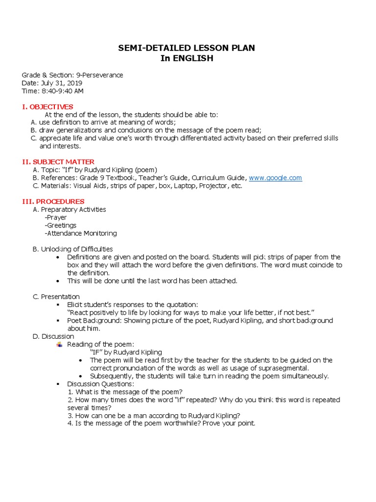 "IF" by Rudyard Kipling | PDF | Lesson Plan | Teaching