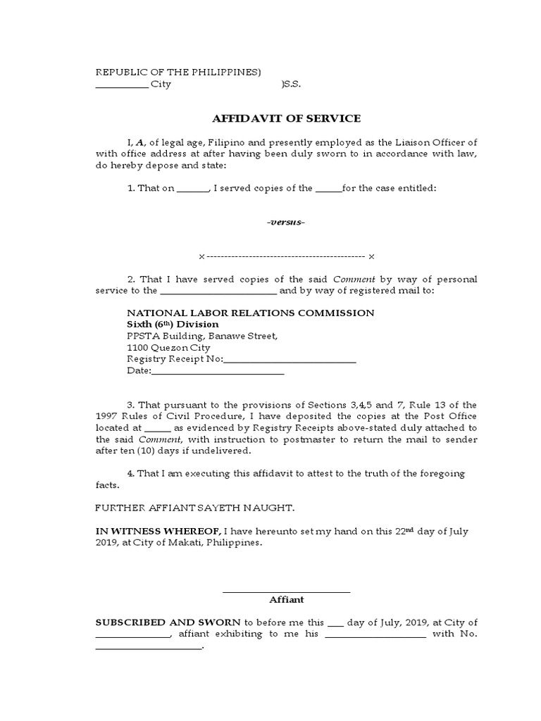 Affidavit of Service Regarding a Labor Case Comment Served by ...
