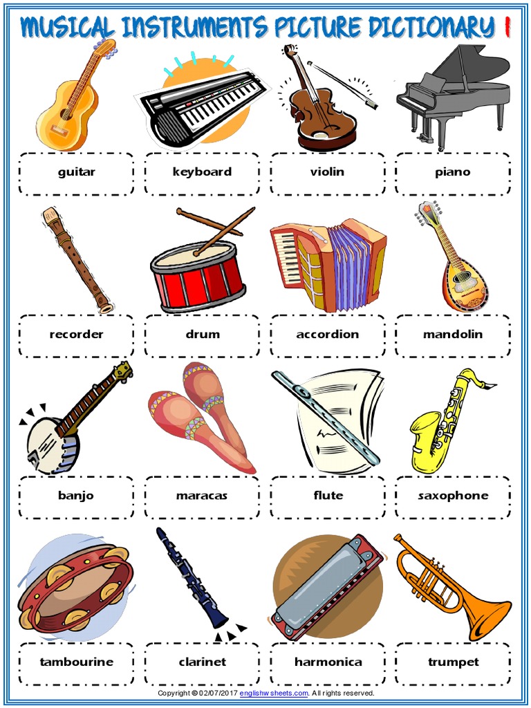 Musical Instruments Vocabulary Esl Picture Dictionary Worksheets For ...