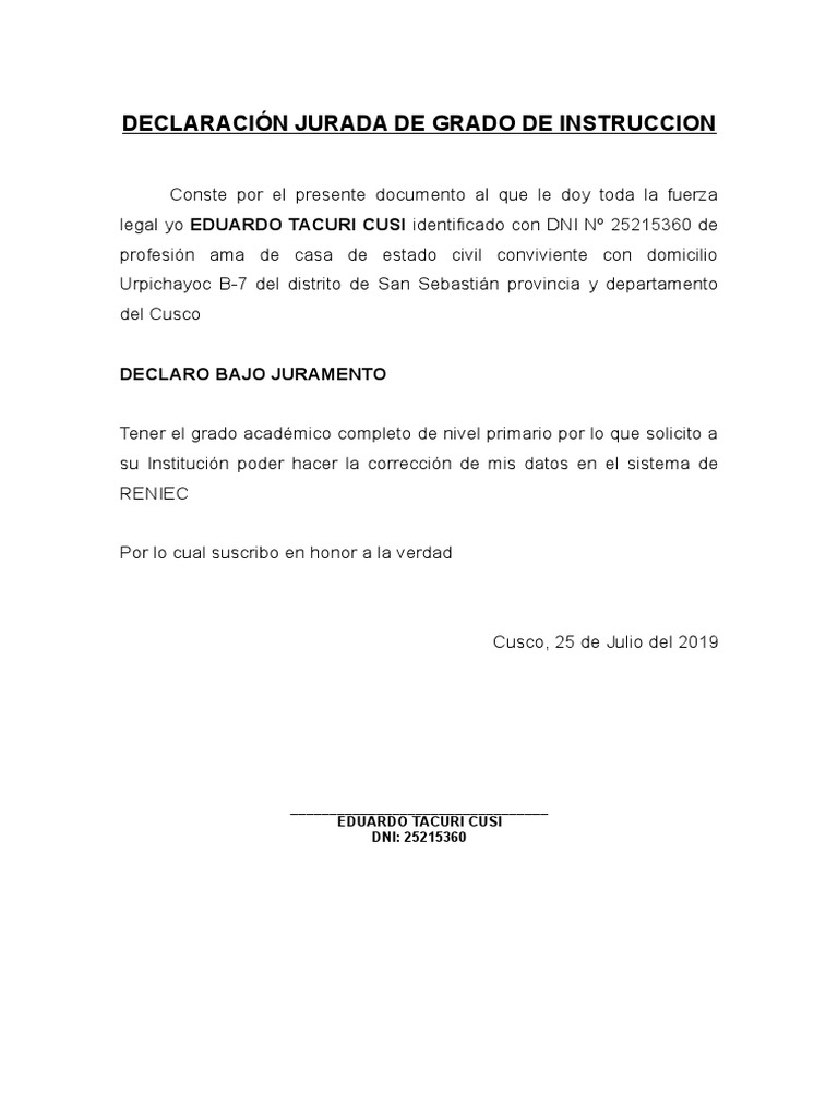 Declaración Jurada de Grado de Instruccion | PDF