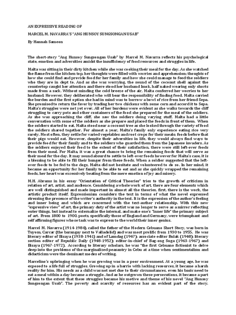 An Expressive Reading of Marcel M. Navarra’s Short Story "Ang Hunsoy ...